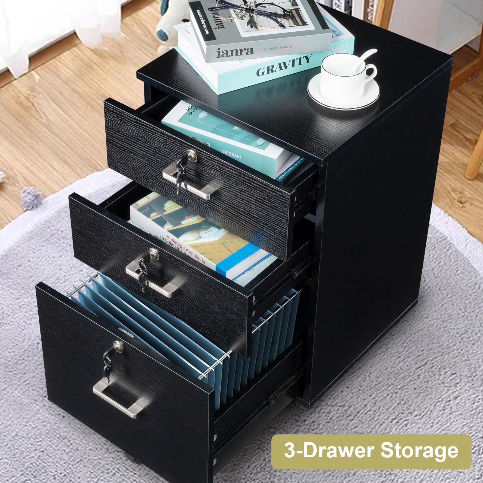 Bonnlo 26" H 3 Drawer File Cabinet with Lock, Rolling File Cabinet Under Desk, Mobile File Cabinets for Home Office, Wood Black File Cabinet Printer Stand for Letter Size Hanging/Manila File Folders