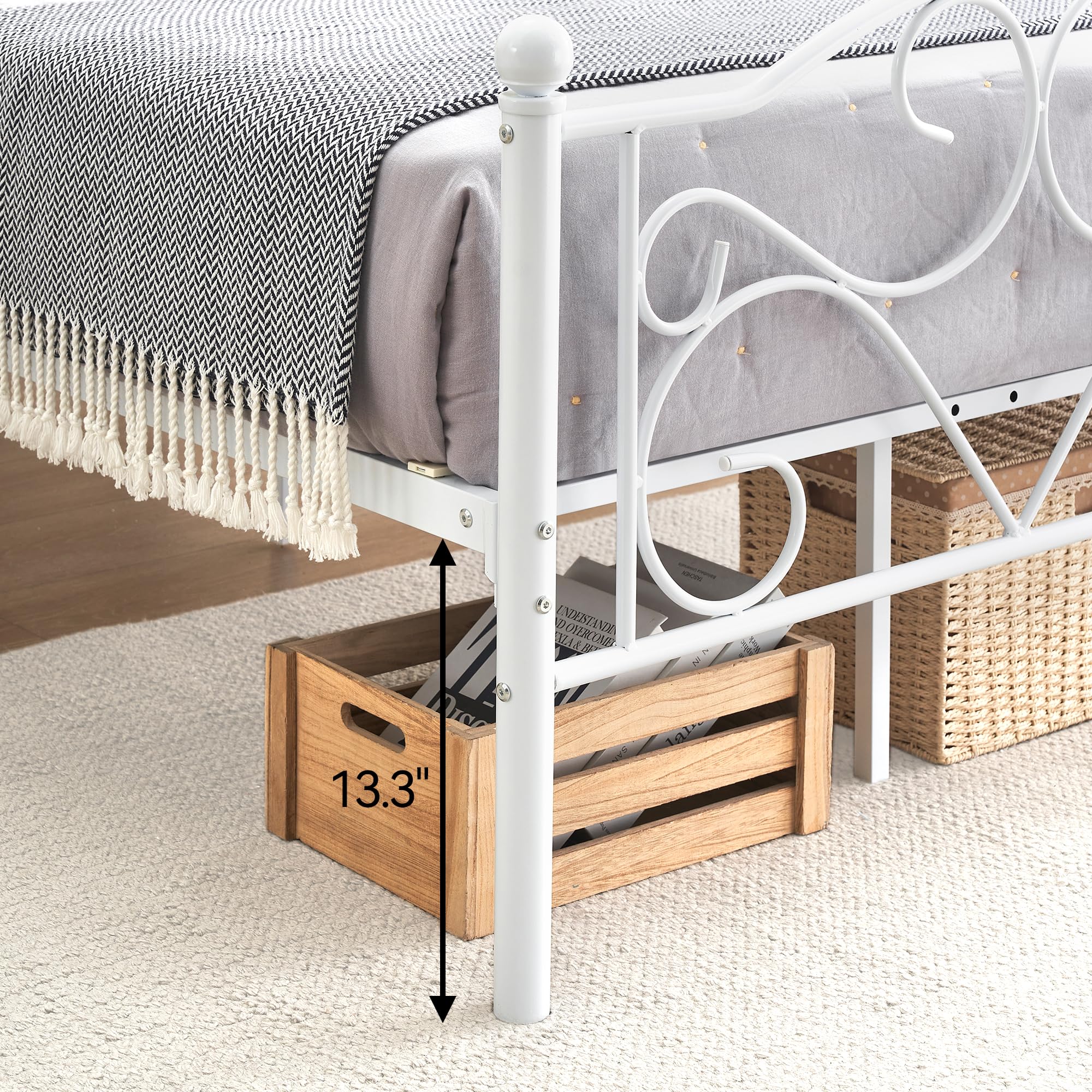 IDEALHOUSE Twin Size Bed Frame with Headboard and Footboard, Metal Platform Bed Frame with Storage, Steel Slats Support Mattress Foundation, No Box Spring Needed, White
