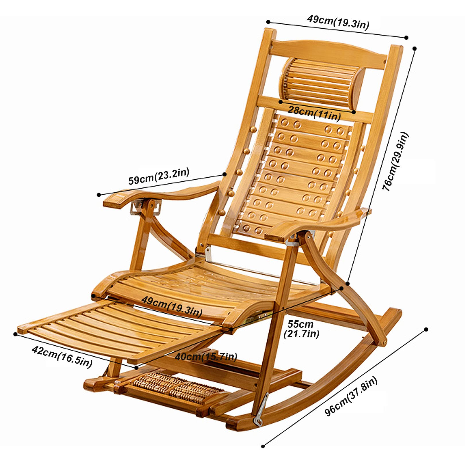 Lounge Chair, Zero Gravity Chair Folding Chairs, Reclining, Garden Rocking Chair Multifunctional Nap Chair, with Foot Massage Wheel Bamboo Lounge Chair