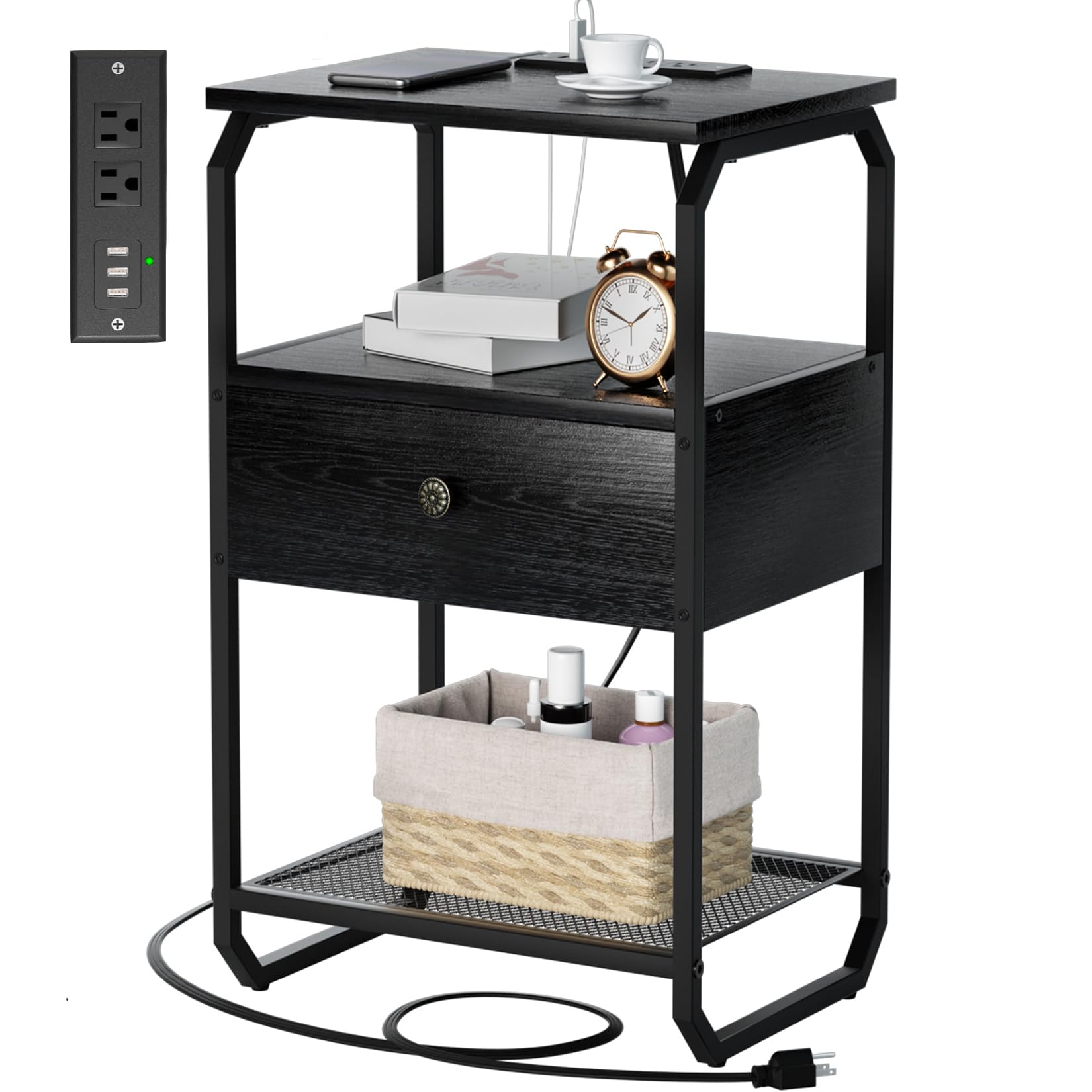 runjuly Black End Table with Charging Station, 3 Tier Night Stand with Wooden Drawer and Storage Shelf, Bedside Table with USB Ports Outlets, Narrow Side Table for Living Room, Bedroom