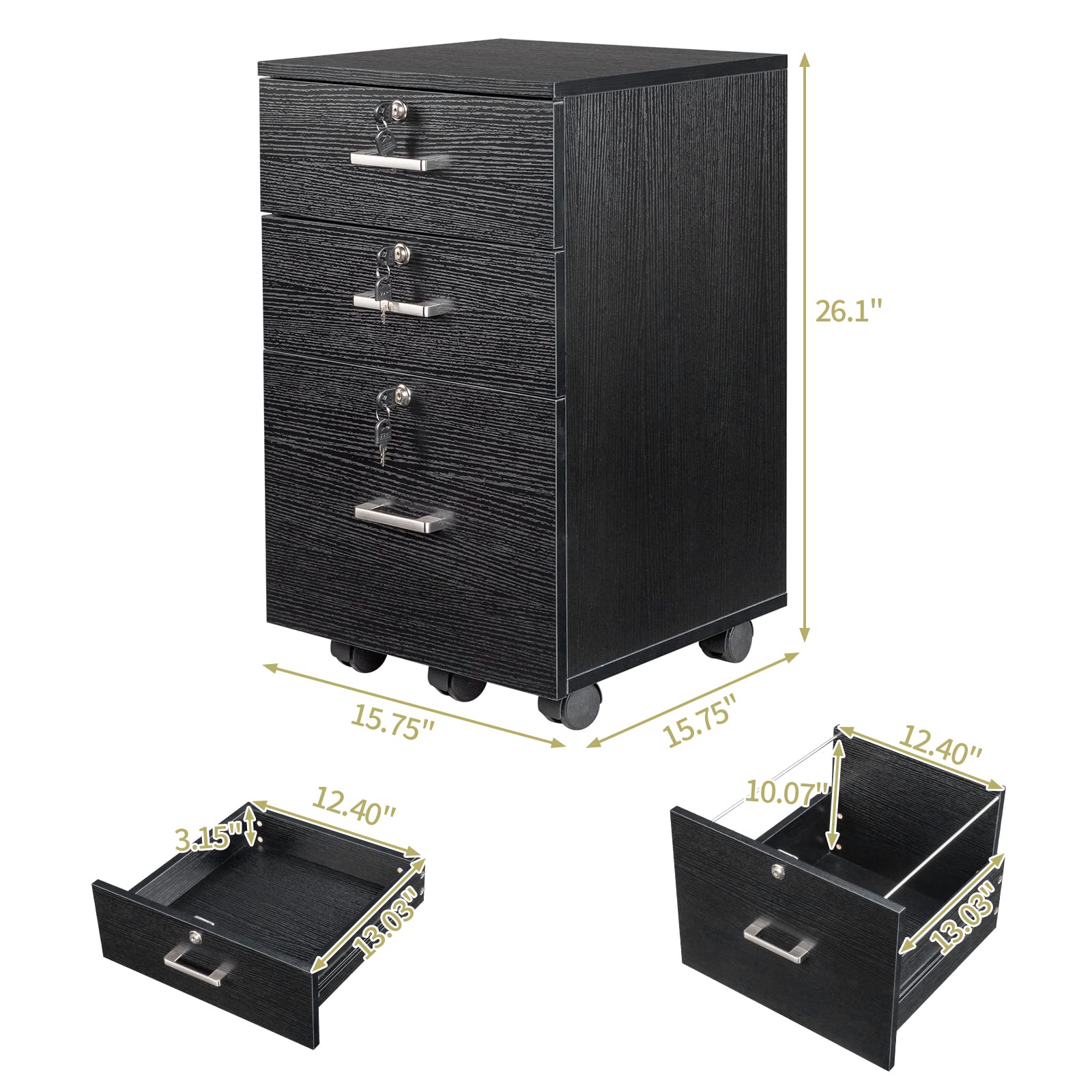 Bonnlo 26" H 3 Drawer File Cabinet with Lock, Rolling File Cabinet Under Desk, Mobile File Cabinets for Home Office, Wood Black File Cabinet Printer Stand for Letter Size Hanging/Manila File Folders