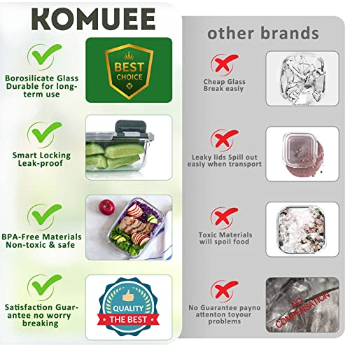 KOMUEE 12 Packs Glass Meal Prep Containers Set, Glass Food Storage Containers with Locking Lids, Airtight Glass Lunch Containers, BPA Free, Microwave, Oven, Freezer & Dishwasher Friendly,Gray