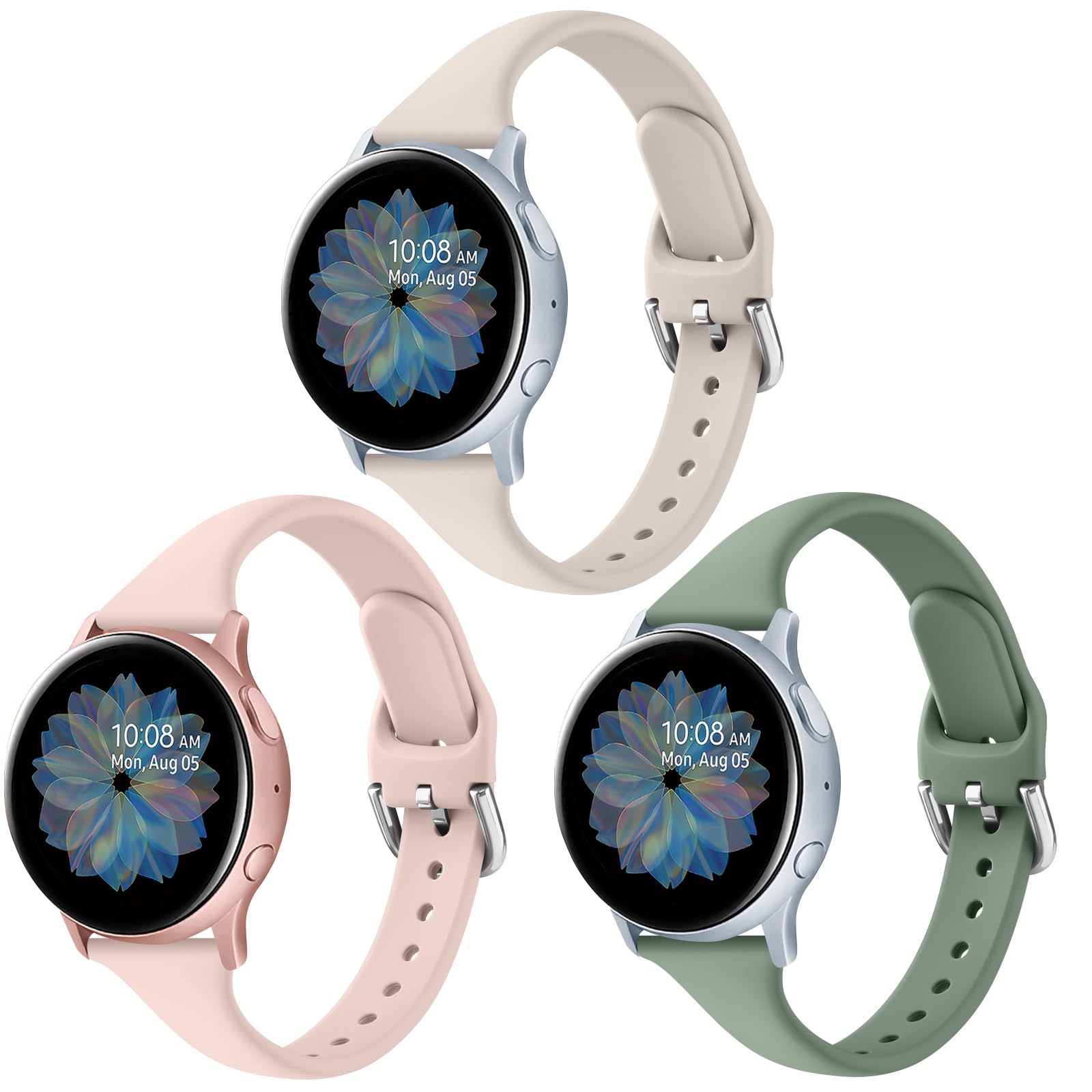 3 Pack Slim Sport Bands for Samsung Galaxy Watch Active 2 40mm 44mm, Soft Liquid Silicone Waterproof Straps for Replacement for Galaxy Watch Active Wristbands Women Men (PinkSand/Starlight/SageGreen)