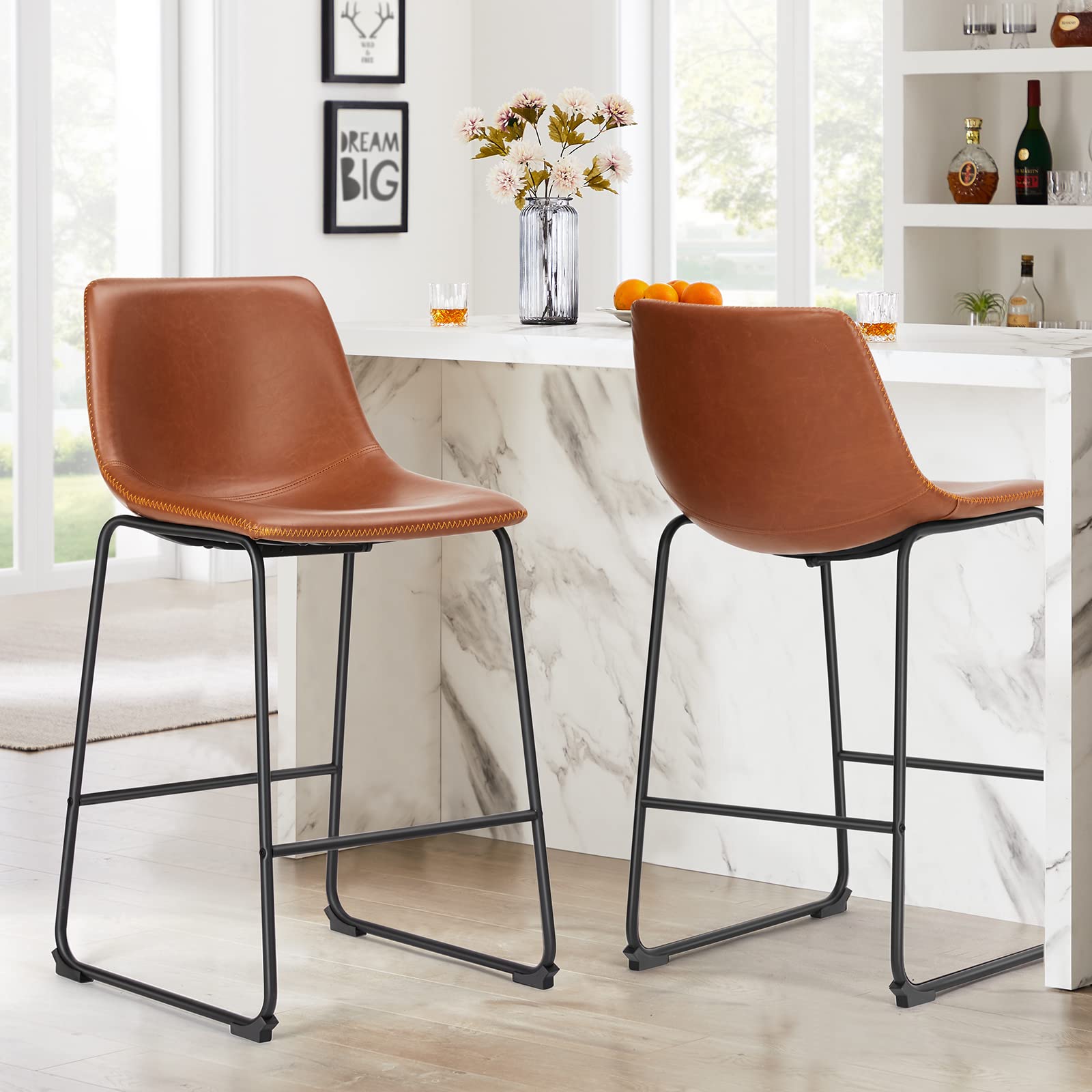 OLIXIS Dining Chairs, Barstools for Kitchen Island PU Leather Cushion and Metal Legs Chairs, 4 Pcs 26" Counter Height Bar Stools, Whiskey Brown