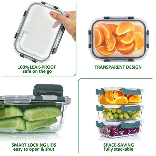 KOMUEE 12 Packs Glass Meal Prep Containers Set, Glass Food Storage Containers with Locking Lids, Airtight Glass Lunch Containers, BPA Free, Microwave, Oven, Freezer & Dishwasher Friendly,Gray