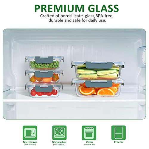 KOMUEE 12 Packs Glass Meal Prep Containers Set, Glass Food Storage Containers with Locking Lids, Airtight Glass Lunch Containers, BPA Free, Microwave, Oven, Freezer & Dishwasher Friendly,Gray