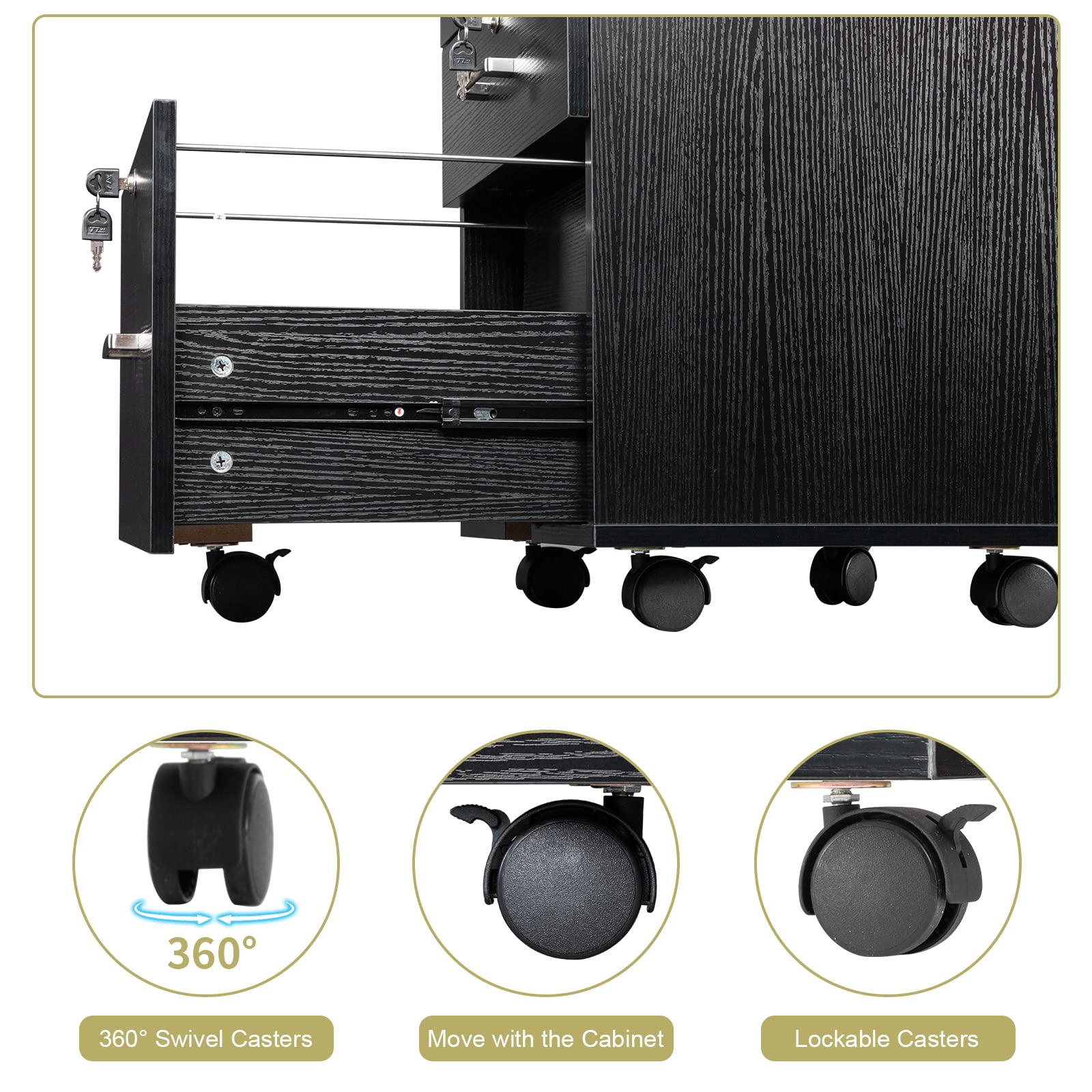 Bonnlo 26" H 3 Drawer File Cabinet with Lock, Rolling File Cabinet Under Desk, Mobile File Cabinets for Home Office, Wood Black File Cabinet Printer Stand for Letter Size Hanging/Manila File Folders