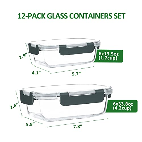 KOMUEE 12 Packs Glass Meal Prep Containers Set, Glass Food Storage Containers with Locking Lids, Airtight Glass Lunch Containers, BPA Free, Microwave, Oven, Freezer & Dishwasher Friendly,Gray