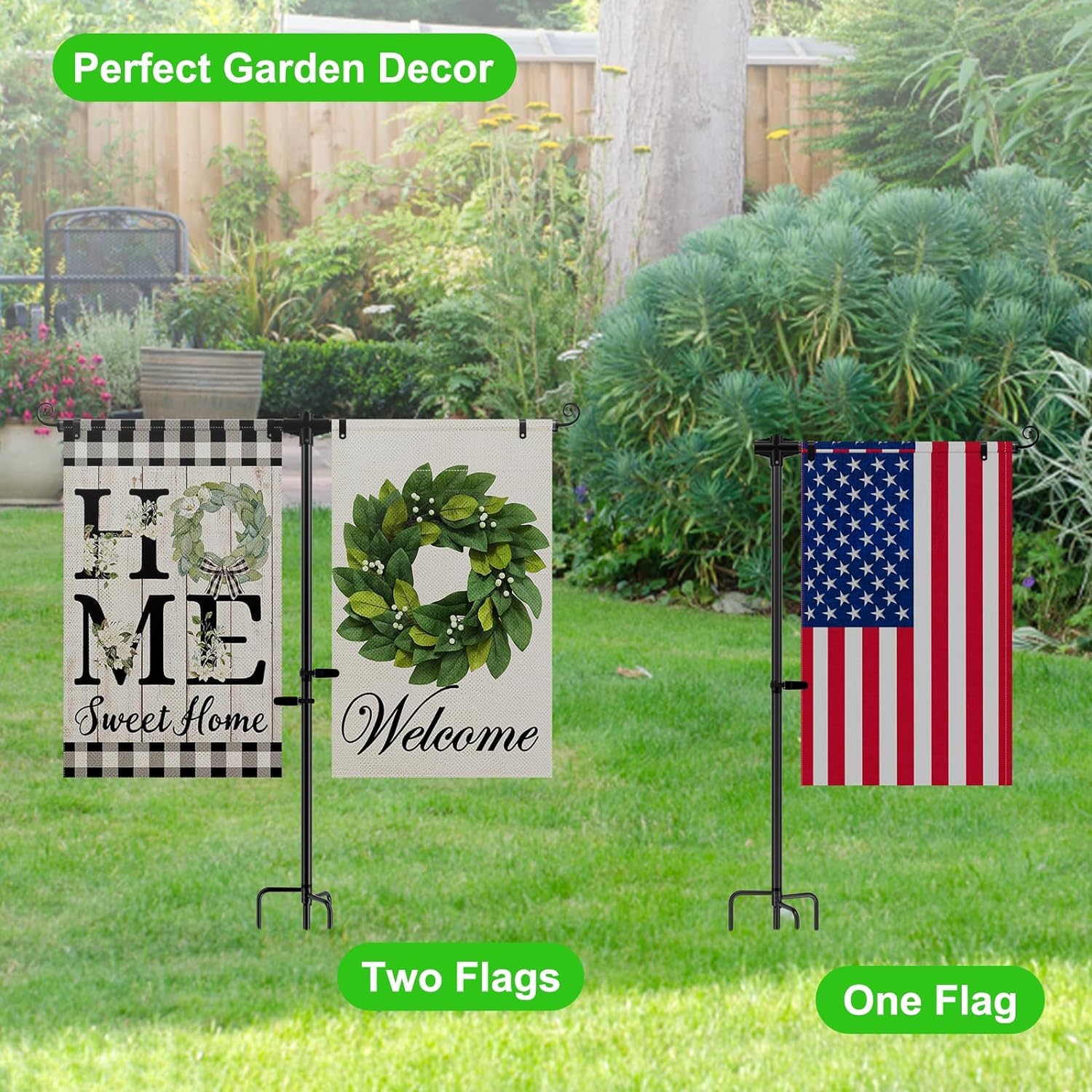FFILY Garden Flag Stand Holder with 4 Prong Base for Double Flags - 3/4 Inch Extra Thick Heavy Duty Yard Flag Holder for Outside 12x18 Home Patio Decor