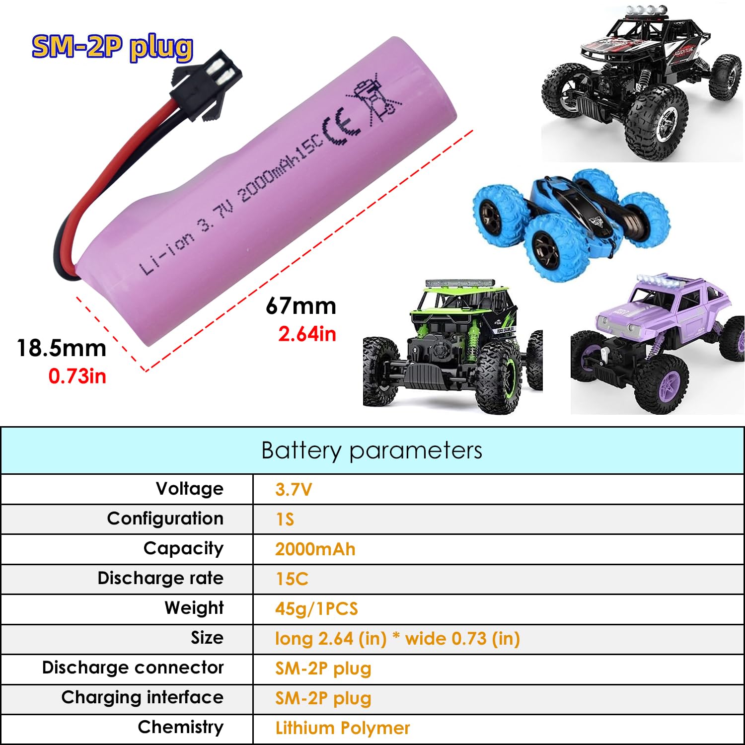 PUOO 5PCS 3.7V 2000mAh SM-2P Plug Li-ion Battery with 5-in-1 Charger for DE68 DE44 DE45W DE45 DE58 DE49 DE57 DE70 Off-Road Vehicle Truck Tank RC Car Spare Batteries