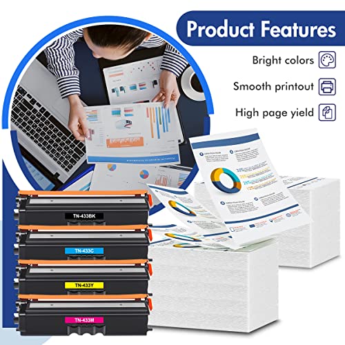 TN433 TN-433 Toner Cartridge 4-Pack Replacement for Brother TN 433 TN433BK TN433C TN433M TN433Y TN-431 TN431 for MFC-L8900CDW HL-L8360CDW HL-L8260CDW MFC-L8610CDW HL-L8360CDWT Printer