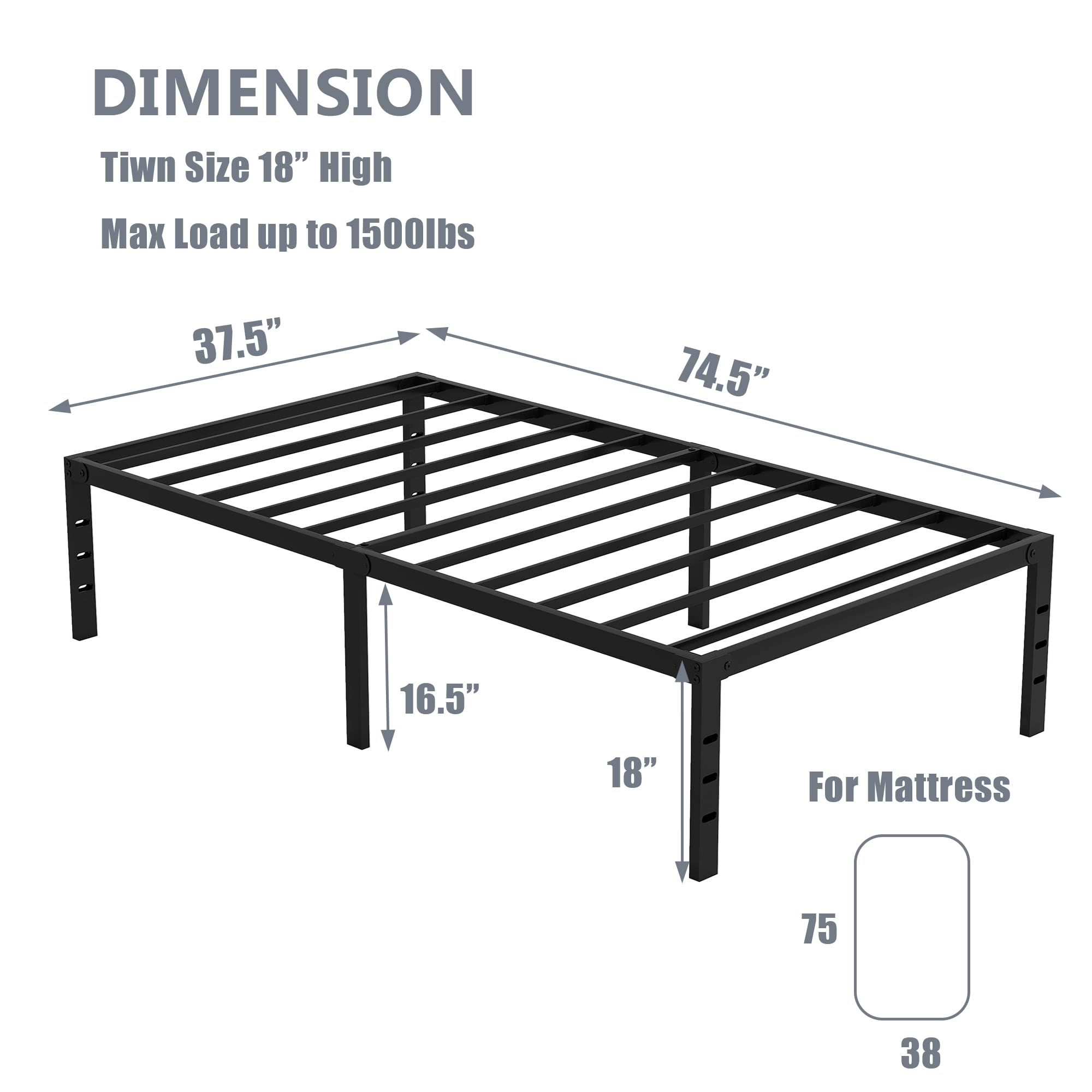 MGNO 18in Twin Size Bed Frame No Box Spring Needed, Heavy Duty Metal Platform Bed Frame Twin with Steel Slat, Easy Assembly, Noise Free, Black