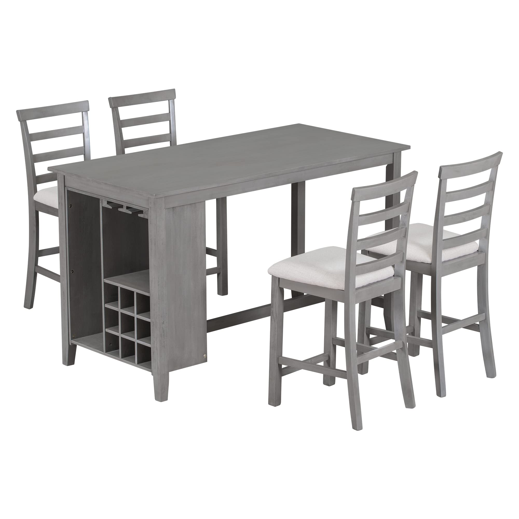 BIADNBZ 5-Piece Counter Height Dining Table Set for 4, Multi-Functional Rubber Wood Kitchen Furniture with Padded Chairs, Integrated 9 Bar Wine Compartment&Wineglass Holders, Gray
