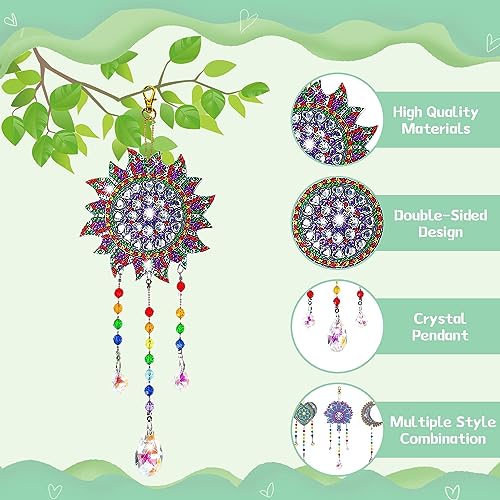 Diamond Painting Sun Catchers, 3 Pack Diamond Art Wind Chimes Diamond Art Kits, Wind Chime Kit Diamond Art Kits for Adults Crafts for Adults Women (Butterfly & Hummingbird & Sun)