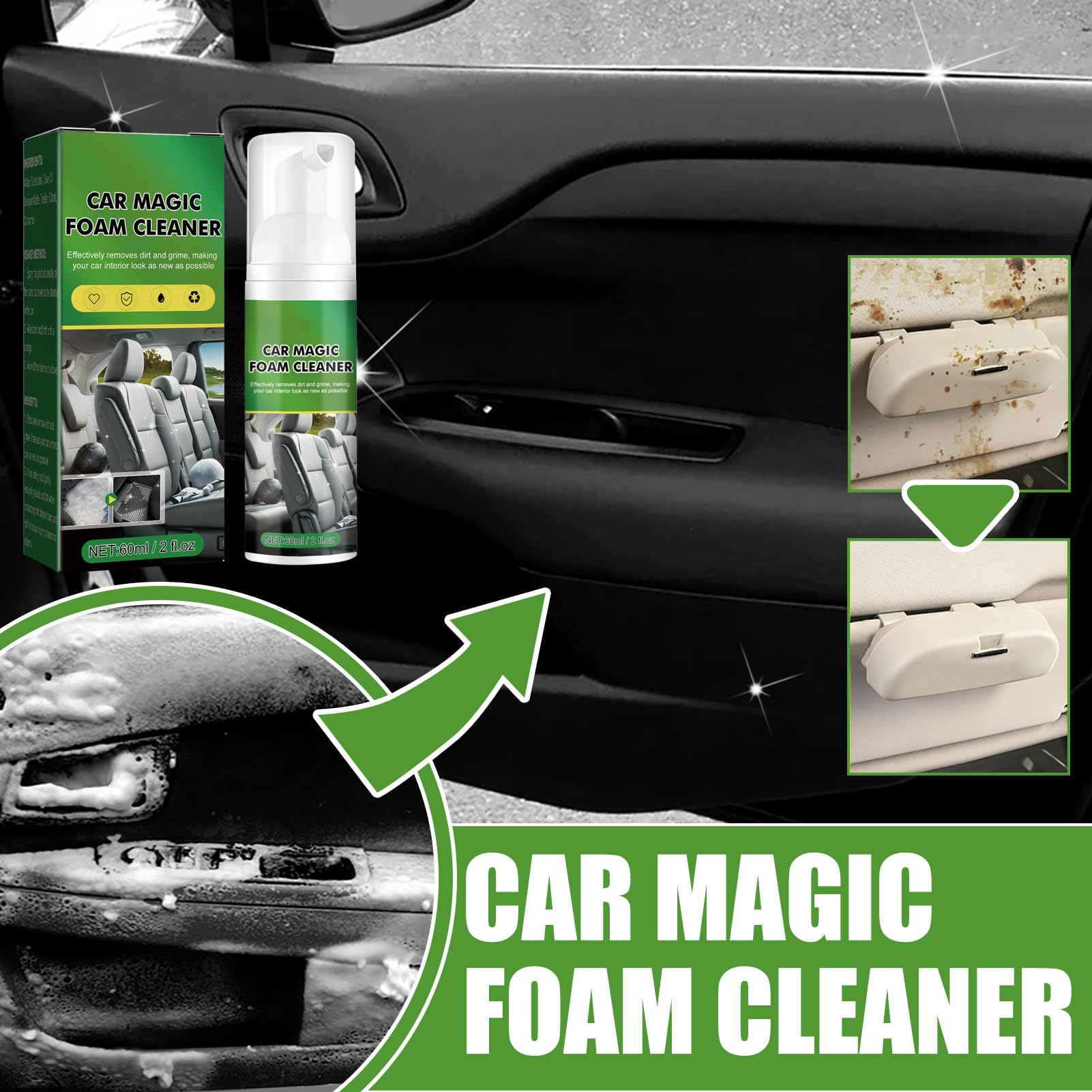 Ganbaro Car Magic Foam Cleaner, Powerful Upholstery and Car Seat Stain Remover, Multipurpose Foam Cleaner for Car Detailing - 60ml with Cleaning Sponge
