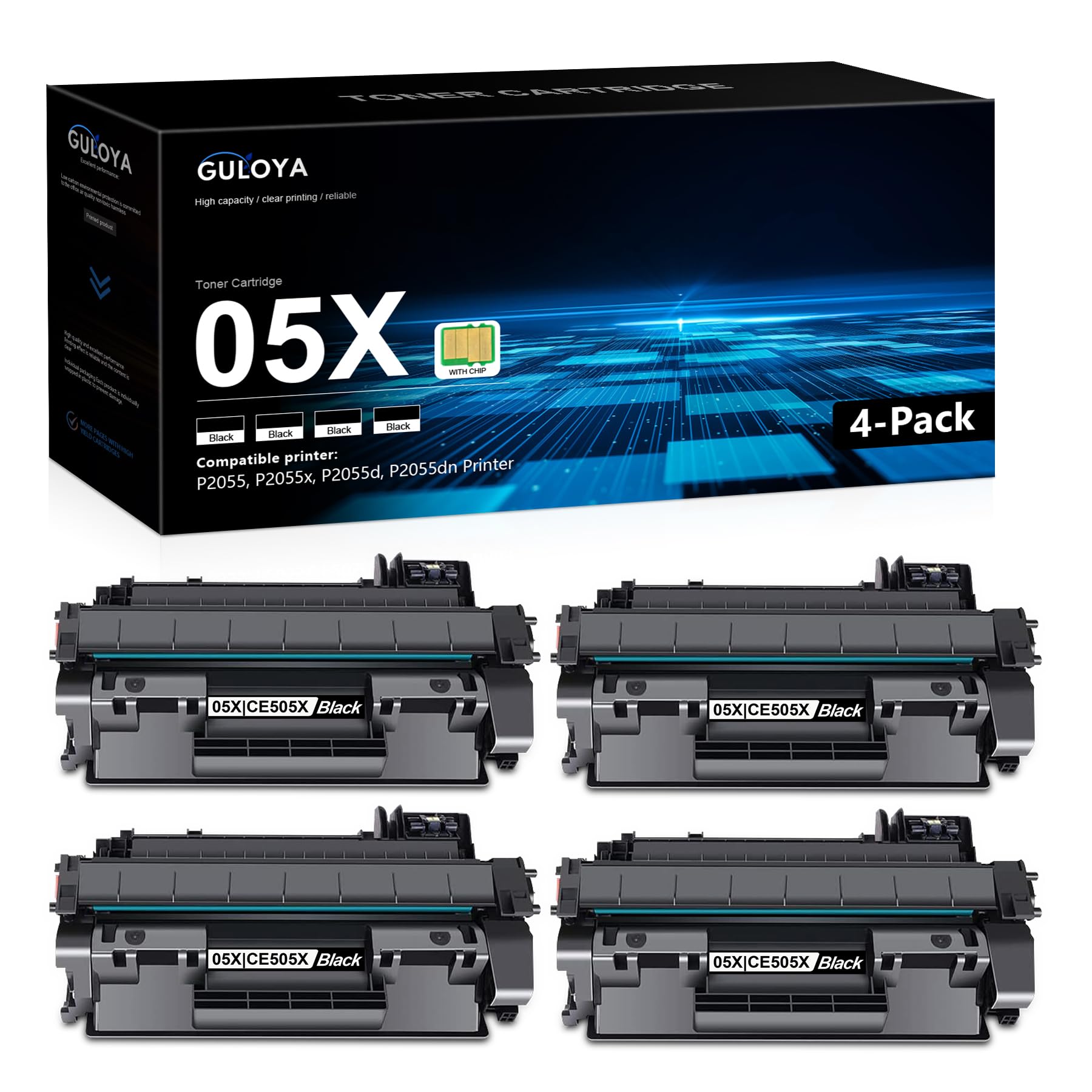 05X High-Yield Black Toner Cartridge CE505X 4-Pack with Chip Replacement for HP 05X CE505X Toner 05A CE505A Compatible with P2055 (CE456A), P2055x (CE460A), P2055d (CE457A), P2055dn (CE459A) Printer