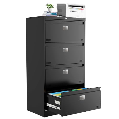 TOPKEY Lateral File Cabinet 4 Drawer Metal Filing Cabinets for Home Office, Black File Storage Cabinet with Lock for Letter/Legal A4 Size, Locking Horizontal Filing Cabinet with Card Slot