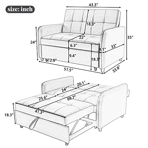 ERYE 3 in 1 Faux Leather Upholstered Sofa Loveseat Convertible Sleeper Couch Bed,Modern 2-Seaters Love Seat Sofa&Couch Functional Daybed with USB Charging Ports for Small Space Living Room