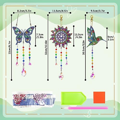 Diamond Painting Sun Catchers, 3 Pack Diamond Art Wind Chimes Diamond Art Kits, Wind Chime Kit Diamond Art Kits for Adults Crafts for Adults Women (Butterfly & Hummingbird & Sun)