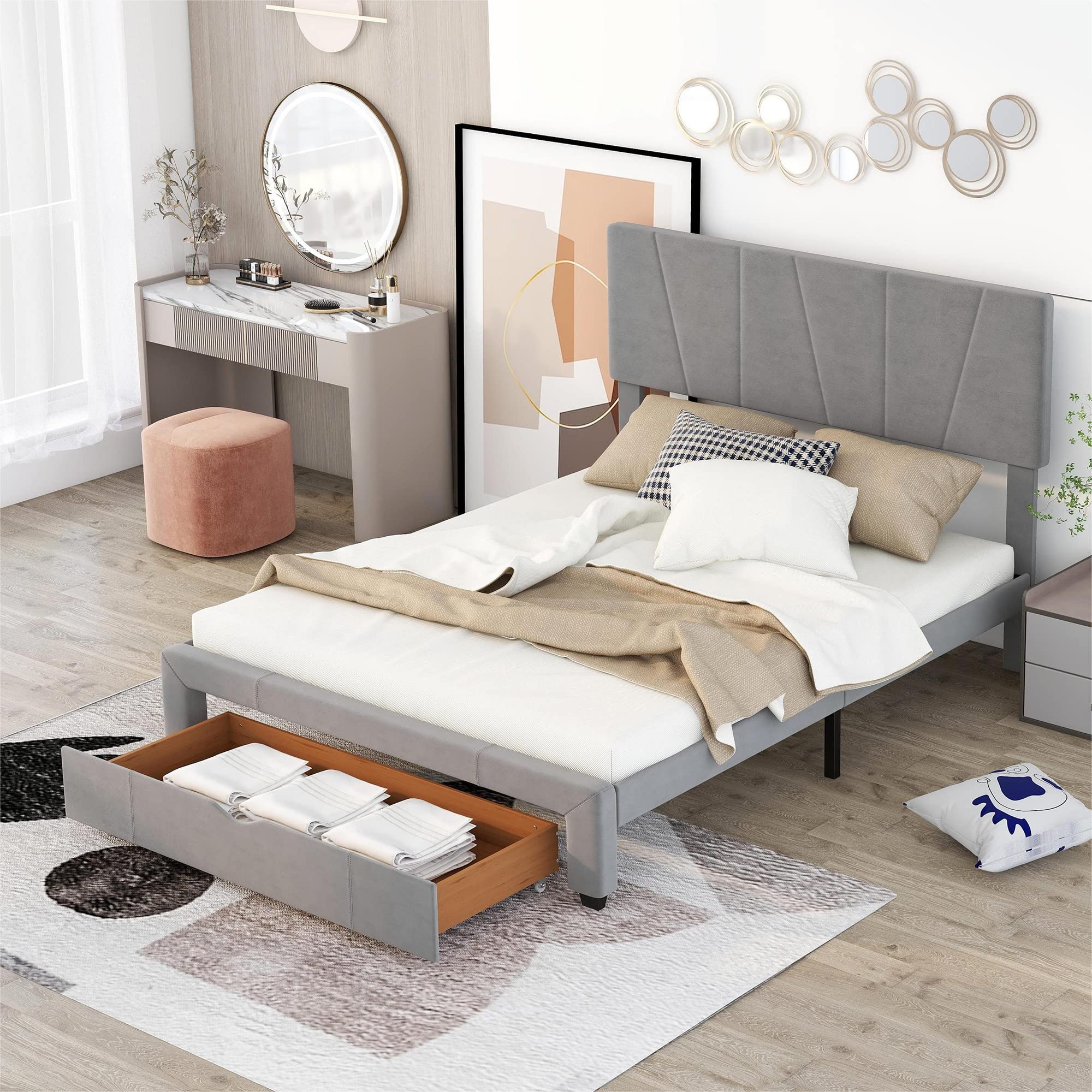 DHPM Queen Size Upholstered Platform Bed with 1 Large Drawer, Wood Bed Frame with Wing Back Headboard, Solid Wood Slats Supported, No Box Spring Needed