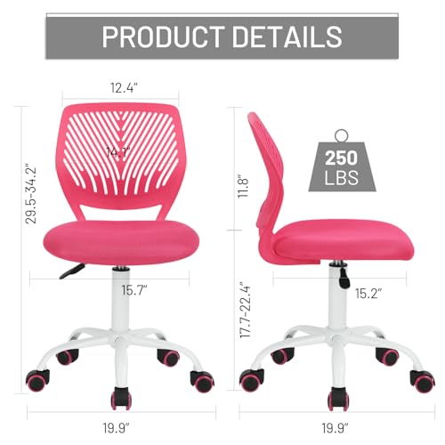 Desk Chair Armless Small Study Chairs Armless for Child Kids Teens, Ergonomic Swivel Rolling Lightweight Task Chair with Wheels and Mesh Padded Cushion, Pink