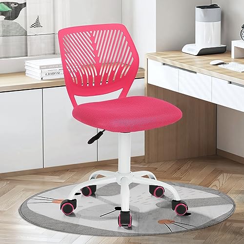 Desk Chair Armless Small Study Chairs Armless for Child Kids Teens, Ergonomic Swivel Rolling Lightweight Task Chair with Wheels and Mesh Padded Cushion, Pink
