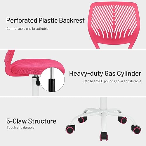 Desk Chair Armless Small Study Chairs Armless for Child Kids Teens, Ergonomic Swivel Rolling Lightweight Task Chair with Wheels and Mesh Padded Cushion, Pink