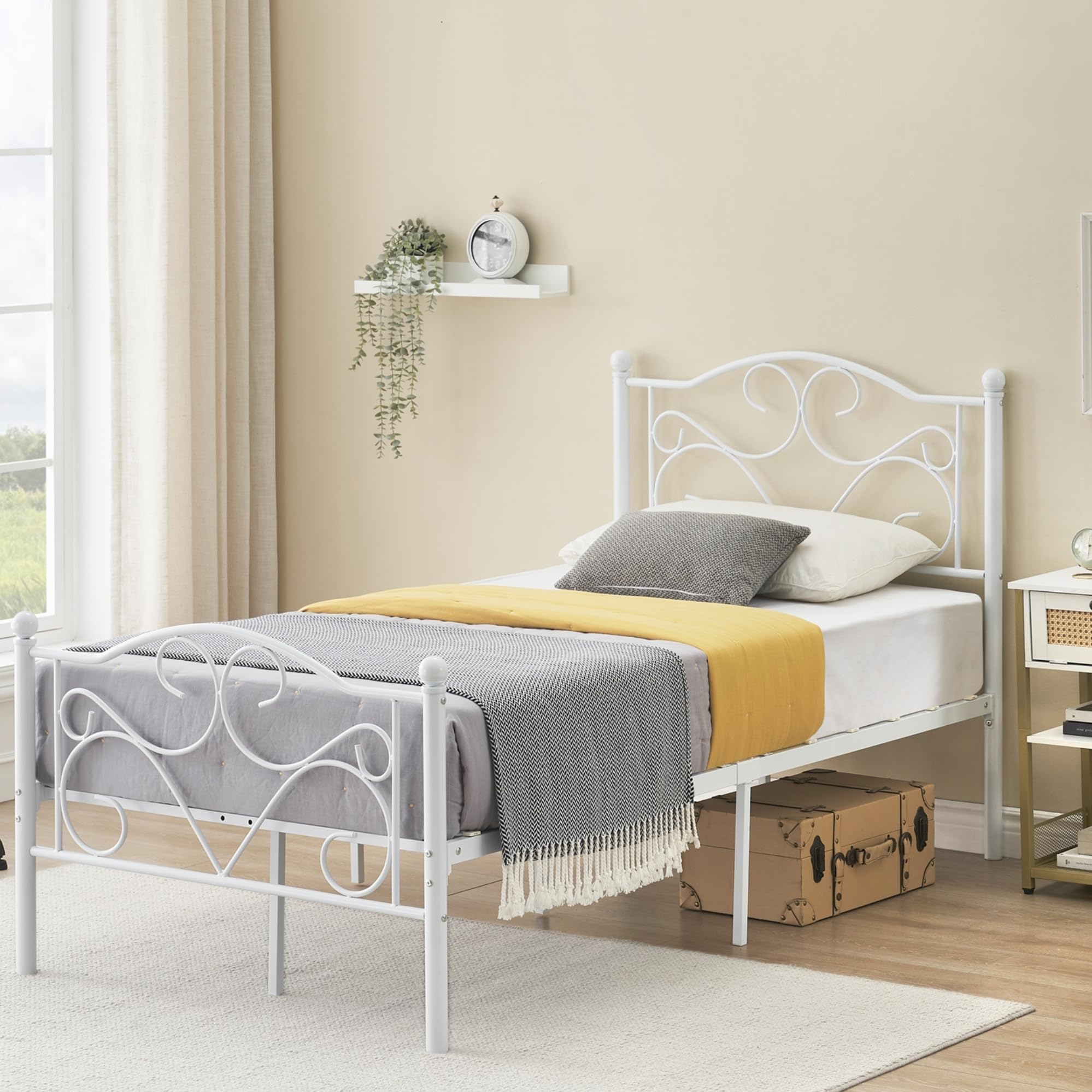 IDEALHOUSE Twin Size Bed Frame with Headboard and Footboard, Metal Platform Bed Frame with Storage, Steel Slats Support Mattress Foundation, No Box Spring Needed, White