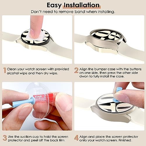 EWUONU [4+4Pack Galaxy Watch 6 Screen Protector Case 40mm 2023, Anti-Fog Tempered Glass Film and Hard PC Bumper Case Cover for Samsung Galaxy Watch 6 40mm