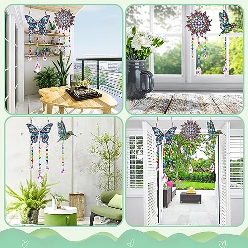 Diamond Painting Sun Catchers, 3 Pack Diamond Art Wind Chimes Diamond Art Kits, Wind Chime Kit Diamond Art Kits for Adults Crafts for Adults Women (Butterfly & Hummingbird & Sun)