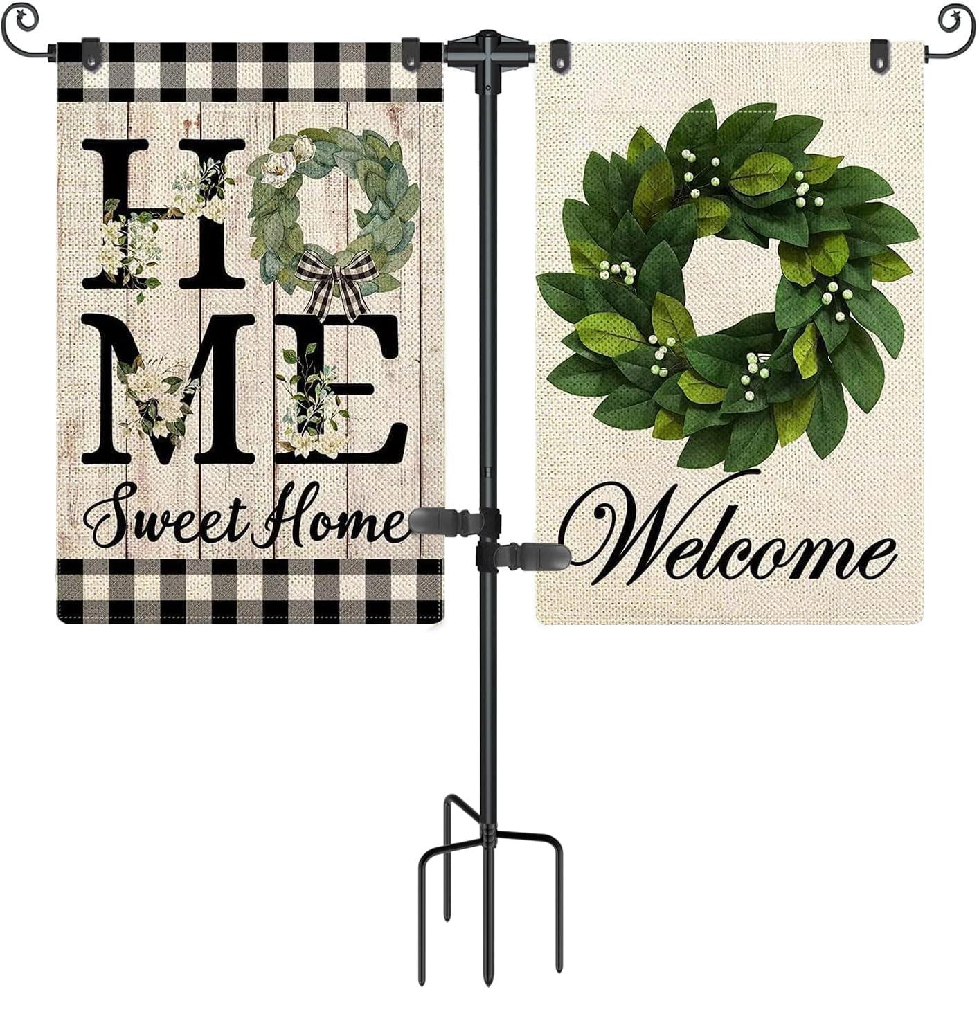 FFILY Garden Flag Stand Holder with 4 Prong Base for Double Flags - 3/4 Inch Extra Thick Heavy Duty Yard Flag Holder for Outside 12x18 Home Patio Decor