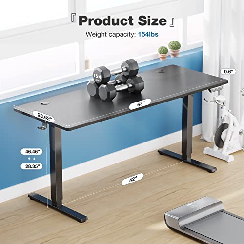 OLIXIS Electric, Height Adjustable Sit Stand Ergonomic Desk Computer Workstations with Wire Holes and Hooks for Work and Study, 24" D x 63" W x 48" H, Black