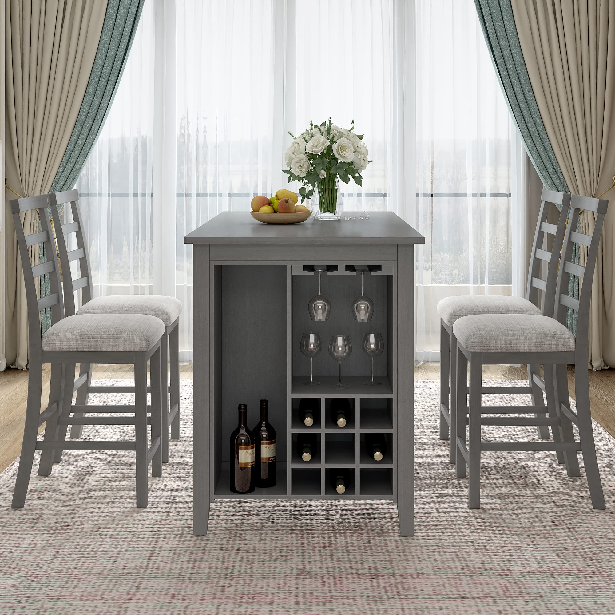 BIADNBZ 5-Piece Counter Height Dining Table Set for 4, Multi-Functional Rubber Wood Kitchen Furniture with Padded Chairs, Integrated 9 Bar Wine Compartment&Wineglass Holders, Gray