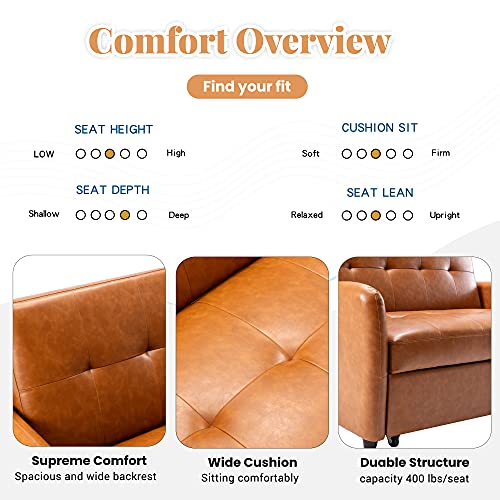 ERYE 3 in 1 Faux Leather Upholstered Sofa Loveseat Convertible Sleeper Couch Bed,Modern 2-Seaters Love Seat Sofa&Couch Functional Daybed with USB Charging Ports for Small Space Living Room