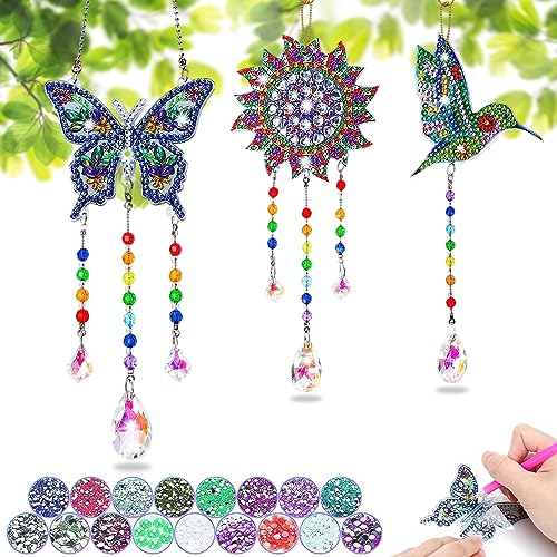 Diamond Painting Sun Catchers, 3 Pack Diamond Art Wind Chimes Diamond Art Kits, Wind Chime Kit Diamond Art Kits for Adults Crafts for Adults Women (Butterfly & Hummingbird & Sun)