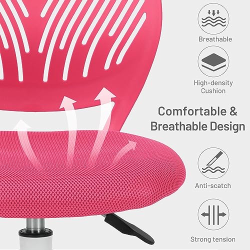 Desk Chair Armless Small Study Chairs Armless for Child Kids Teens, Ergonomic Swivel Rolling Lightweight Task Chair with Wheels and Mesh Padded Cushion, Pink