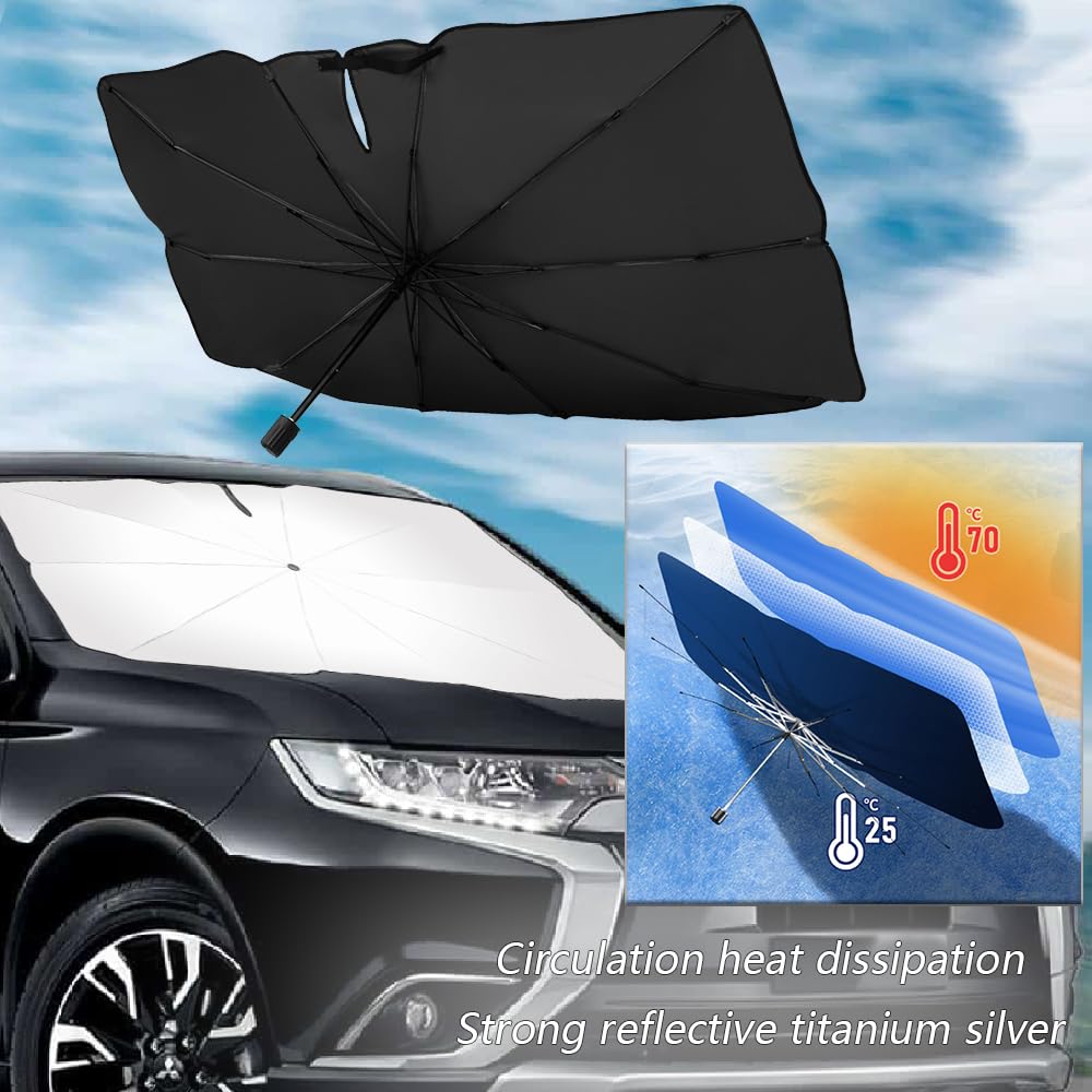 IHOTDER Cool Windshield Sun Shade Umbrella - New Titanium Silver Reflector Blocks 99% of UV Through Automotive Glass - Summer Car Essential Windshield Cover with Opening Design, 55.12*30.7*0.3inch
