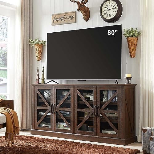SinCiDo Modern Farmhouse TV Stand for 80 Inch TVs, 34" Tall Entertainment Center w/4 Glass Barn Door, Large Wood Storage Cabinet w/Shelves & Cable Management for Living Room, 70inch, Brown