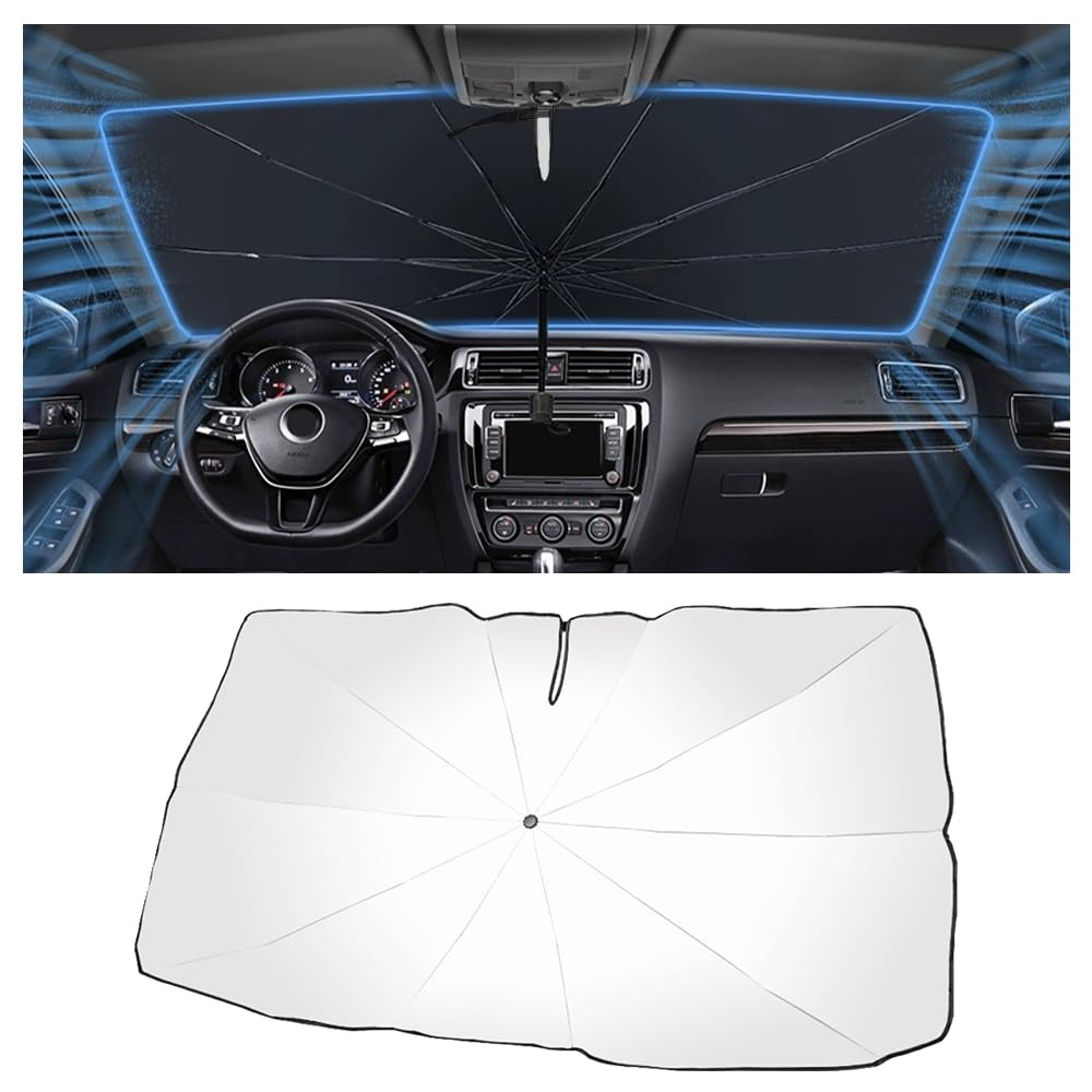 IHOTDER Cool Windshield Sun Shade Umbrella - New Titanium Silver Reflector Blocks 99% of UV Through Automotive Glass - Summer Car Essential Windshield Cover with Opening Design, 55.12*30.7*0.3inch