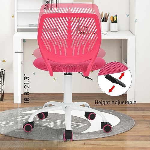 Desk Chair Armless Small Study Chairs Armless for Child Kids Teens, Ergonomic Swivel Rolling Lightweight Task Chair with Wheels and Mesh Padded Cushion, Pink