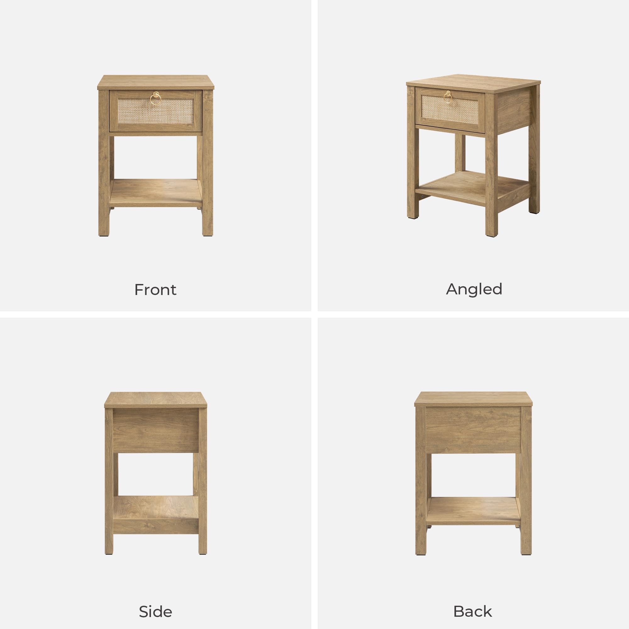 SICOTAS Nightstand Set of 2 - Rattan Decor Drawer with Brass Knobs Night Stand Bedside Table Boho End Tables Side Tables with Storage Shelf for Bedroom, Small Space