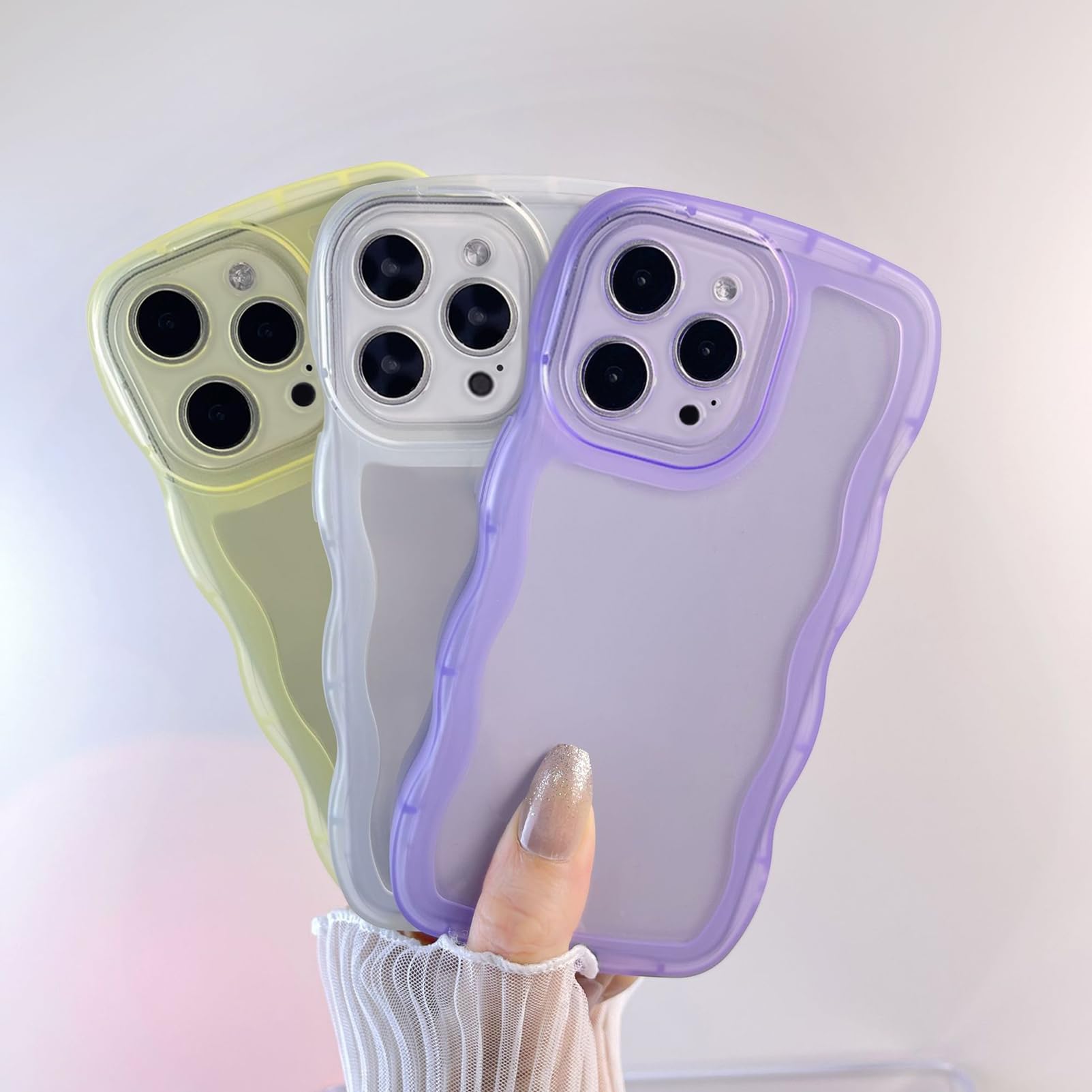 Eiyikof Compatible with iPhone 13 Pro Max Clear Case,Cute Solid Color Curly Wave Frame Transparent Soft Silicone Anti-Scratch Shockproof Protective Slim Case for Women Girls-Purple