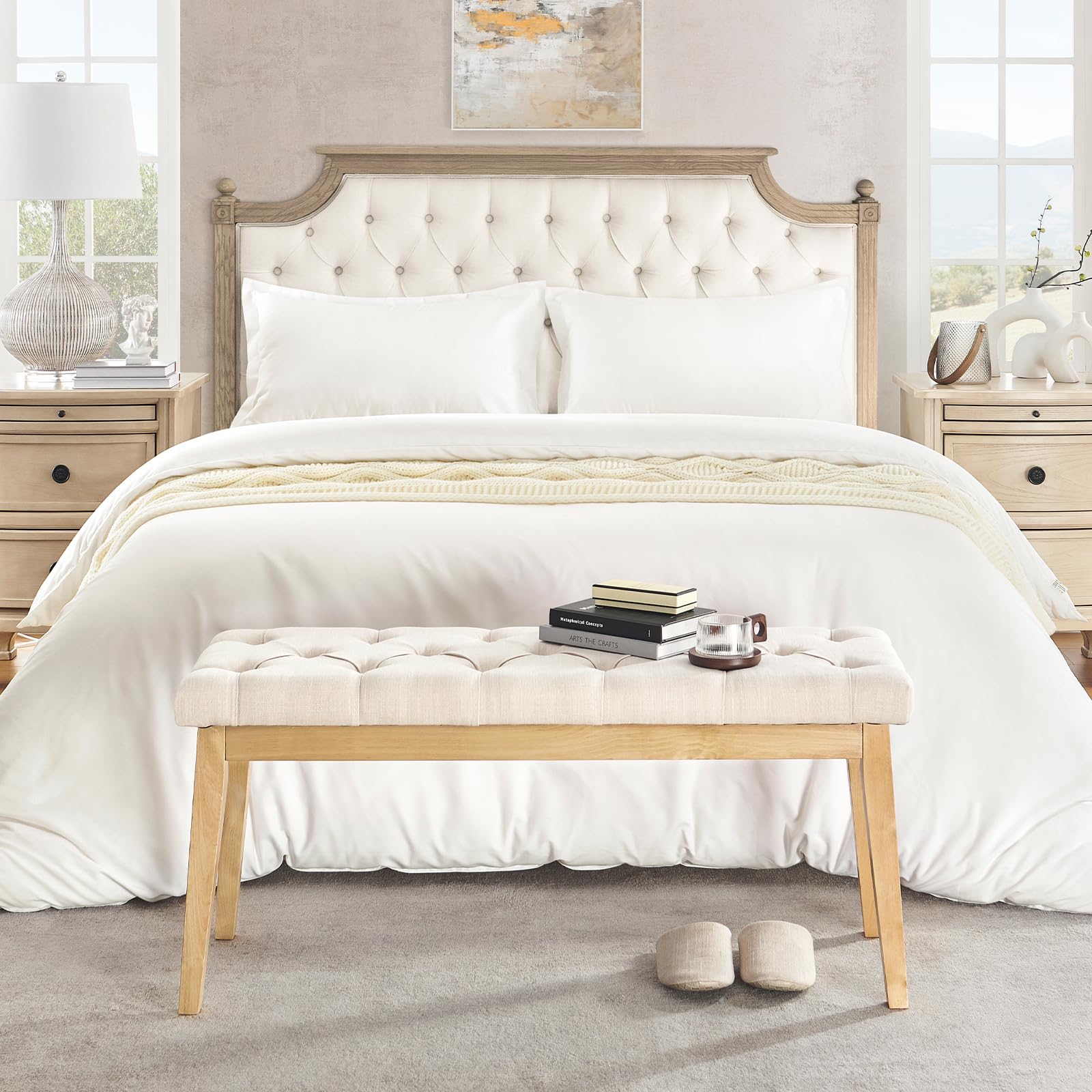 Upholstered Entryway Bench - End of Bed Bench with Padded Seat, Button Tufted Wood Frame (Beige-2)