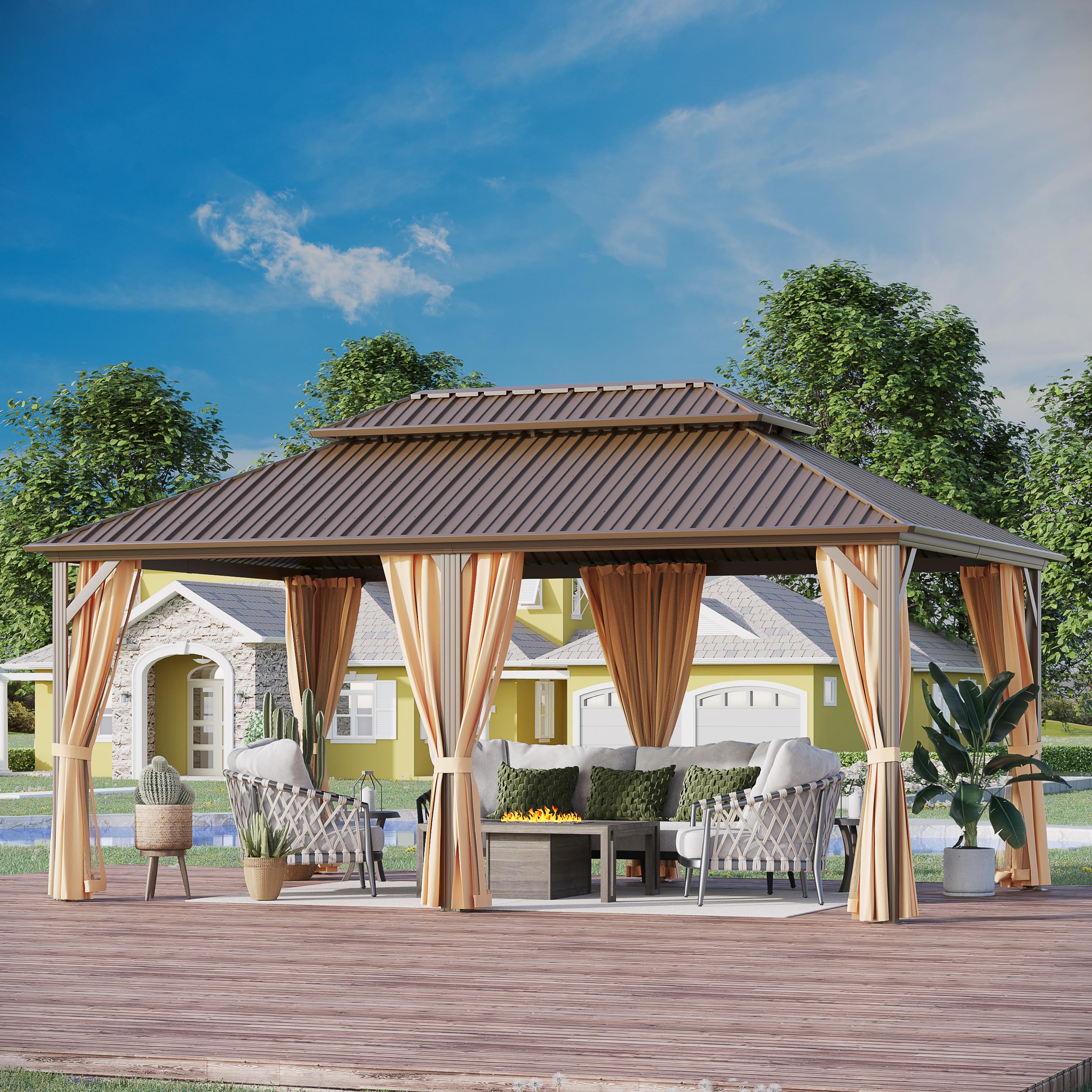 GAZEBEST 12x18 ft Hardtop Gazebo Outdoor Aluminum Patio Gazebo Double Roof Galvanized Steel Canopy with Netting and Curtains for Garden, Backyard, Deck and Lawns.