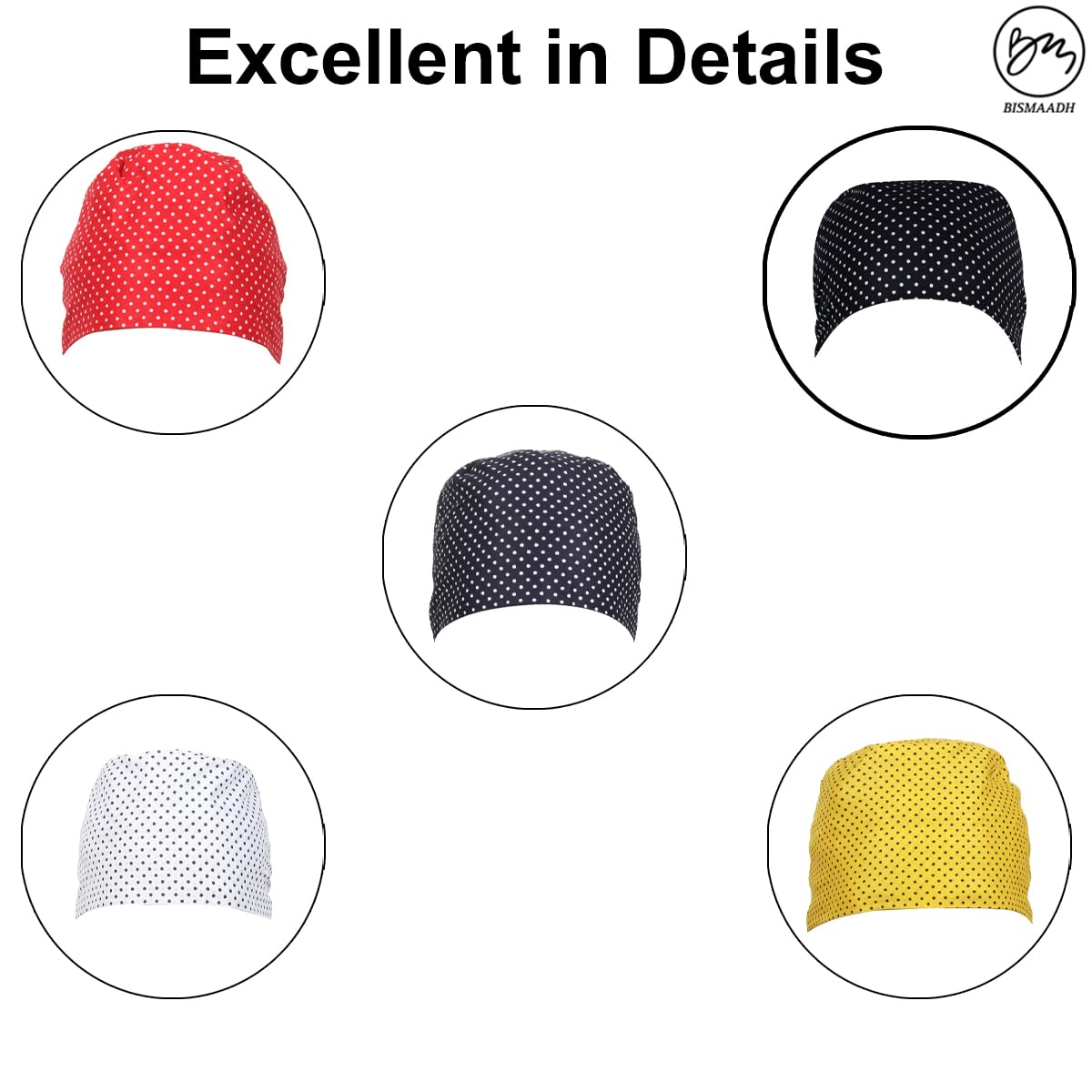 BISMAADH 4 Pack Bamboo Cotton Polka Dot Printed Patka Durag Headcover Skull Cap (Black + Blue + Red + White)