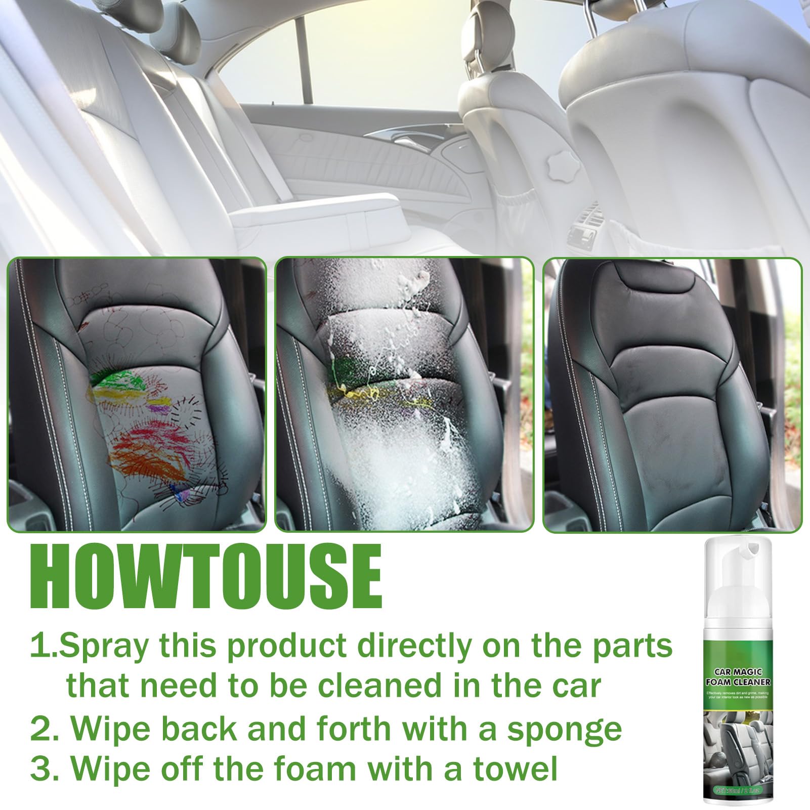 Ganbaro Car Magic Foam Cleaner, Powerful Upholstery and Car Seat Stain Remover, Multipurpose Foam Cleaner for Car Detailing - 60ml with Cleaning Sponge