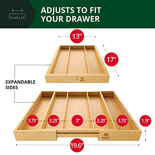 ROYAL CRAFT WOOD Luxury Bamboo Kitchen Drawer Organizer - Expandable Utensil Organizer for Drawer - Utensil and Silverware Holder and Cutlery Tray (Natural, 19.6"x17")