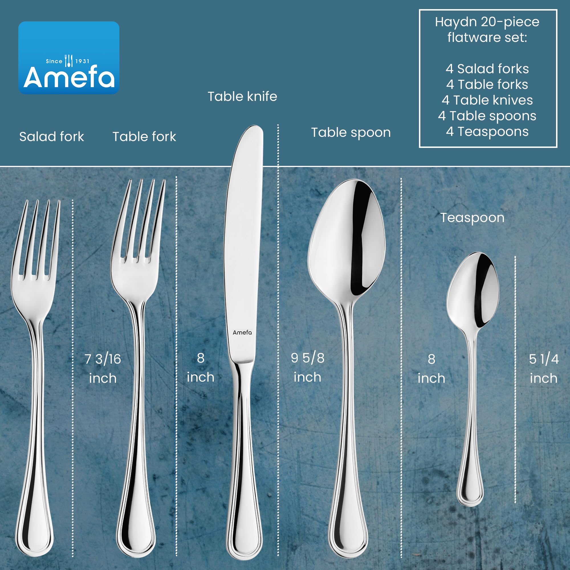 Amefa Haydn 20-piece 18/10 Stainless Steel Flatware Set, High Gloss Mirror Finish, Silverware Set Service for 4, Dishwasher Safe, Rust resistant Cutlery.