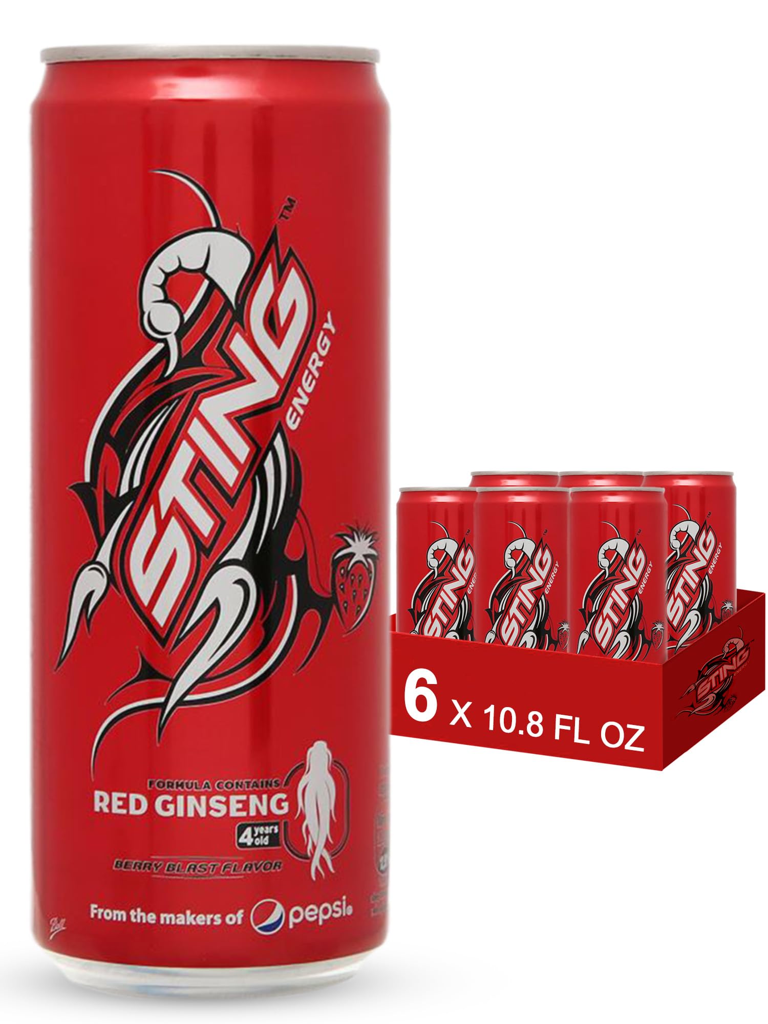 STING Energy Drink Red Ginseng Strawberry, Nuoc Tang Luc Sting 320ML, Fitness, Focus & Performance Drink, 10.8 Fl Oz (Pack of 6)