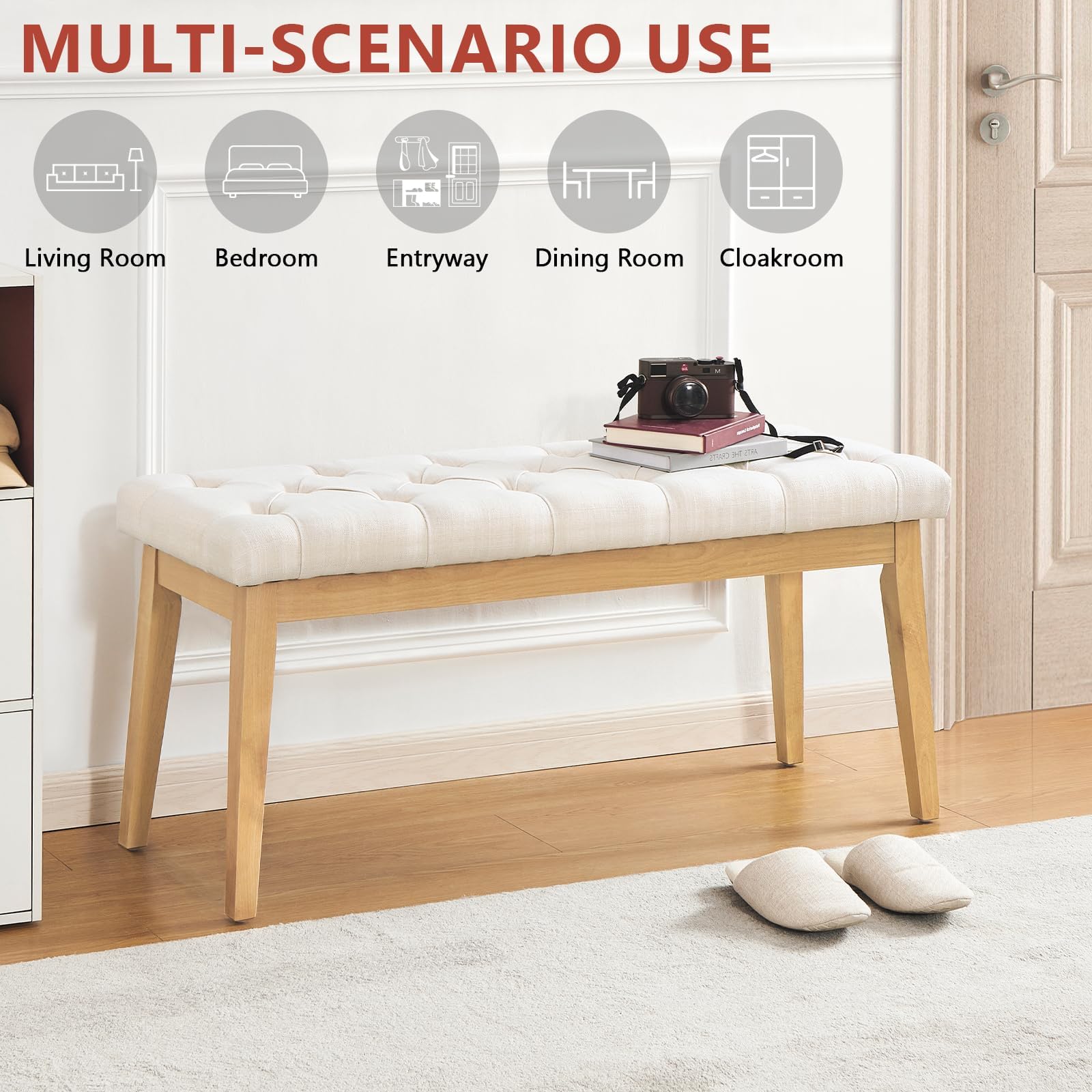 Upholstered Entryway Bench - End of Bed Bench with Padded Seat, Button Tufted Wood Frame (Beige-2)